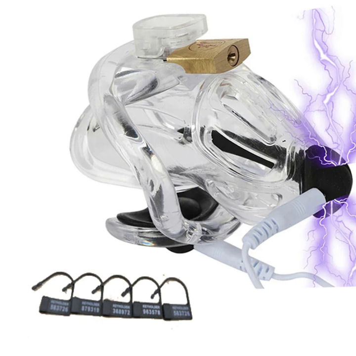 Male E-stim Shock Pulse Chastity Cage Electric Shock Plastic Lockable Hollow Cage BD Restraint ...