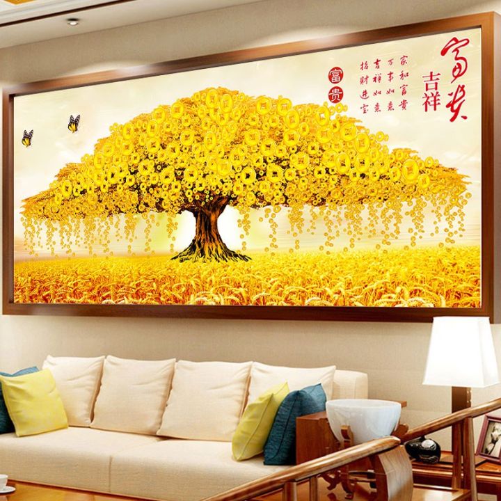 5D Diamond Painting New Living Room Big Gold Fortune Tree Sticking ...