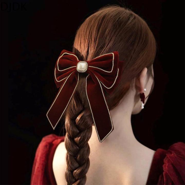 DJDK ผ้า คลิปผมโบว์กำมะหยี่สีแดง หินประดับ ไวน์แดง คลิปสปริงโบว์ หวาน ...