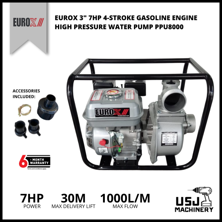 EUROX 3'' 7HP 4-Stroke Gasoline Engine High Pressure Water Pump 212cc 3600rpm PPU8000 | 6 Months ...