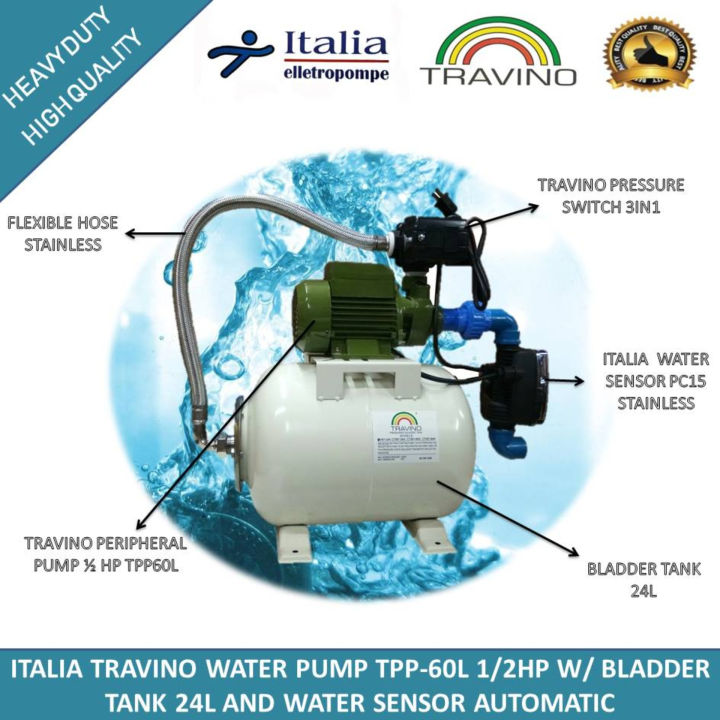 ITALIA Jet Water Pump 1/2HP TPP-60L with TRAVINO 24L Bladder Tank and ...