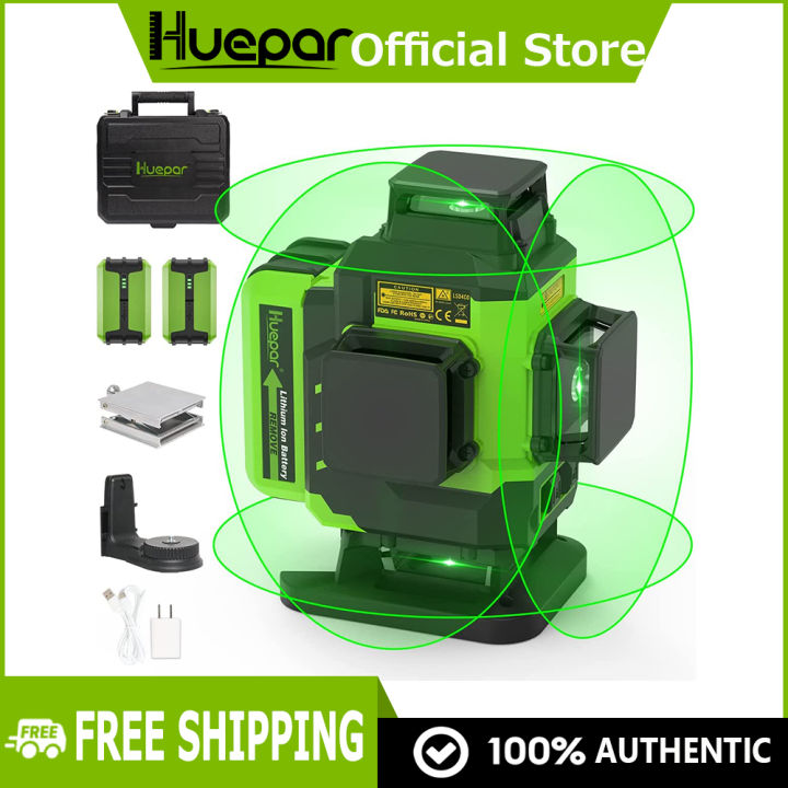 Huepar Laser Level Self-leveling 16 Lines Green Beam 4D Cross Line Tiling Floor Tool with Two Li ...