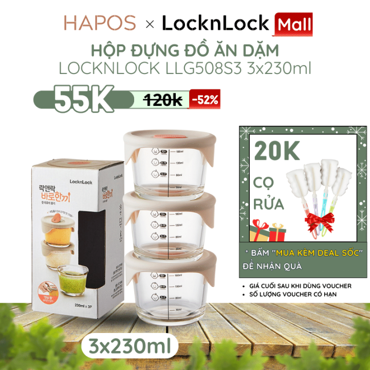 Hộp thủy tinh LocknLock có nắp đựng thức ăn dặm, cháo cho bé có chia vạch LLG542S3 840ml LLG508 ...