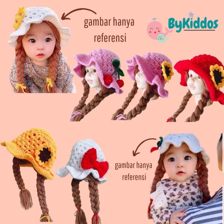 Topi Kupluk Renda Bayi Kepang Rambut / Baby Hat Wig / kupluk WIG bayi ...