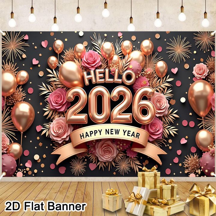 150x100CM Hello 2026 Happy New Year Banner Florals Pattern Polyester ...