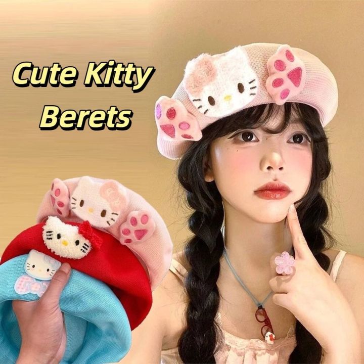 OBDUTE Cute Kitty Berets Cartoon Y2k Painter Cap Ins Versatile KT Cat ...