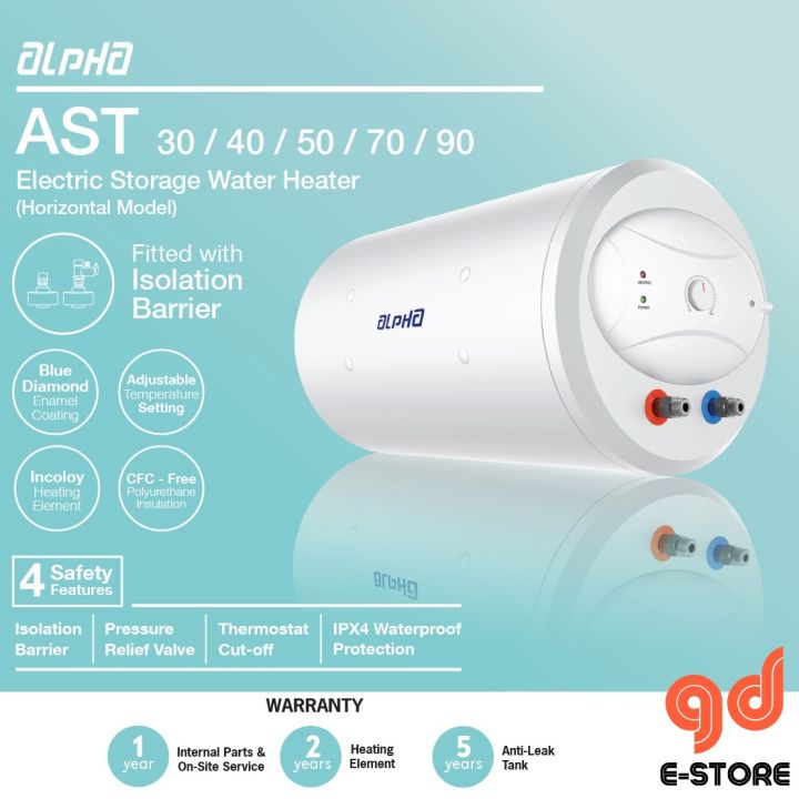 Alpha Electric Storage Water Heater Horizontal Model AST 30 / 40 / 50 / 70 / 90 Liters AST30H ...