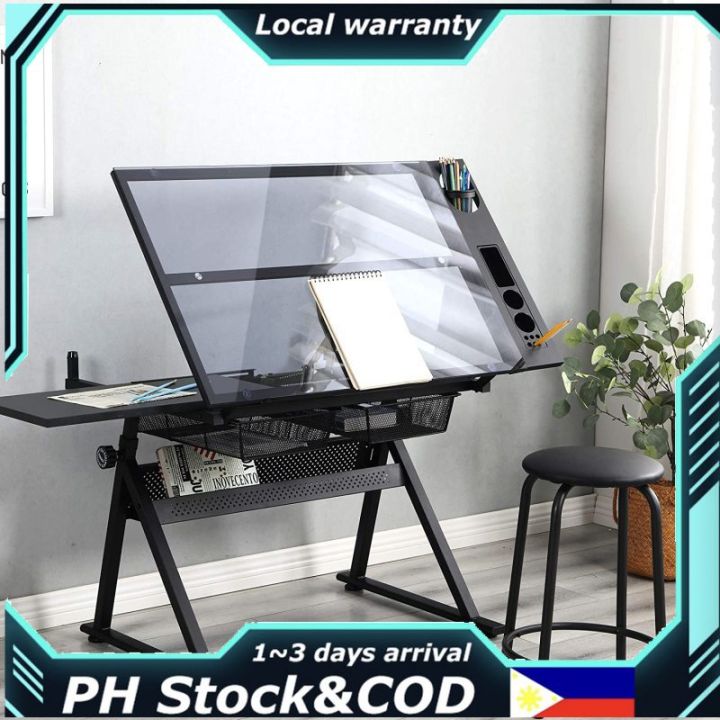 Drafting glass table drawing table with extra side table drawers and ...