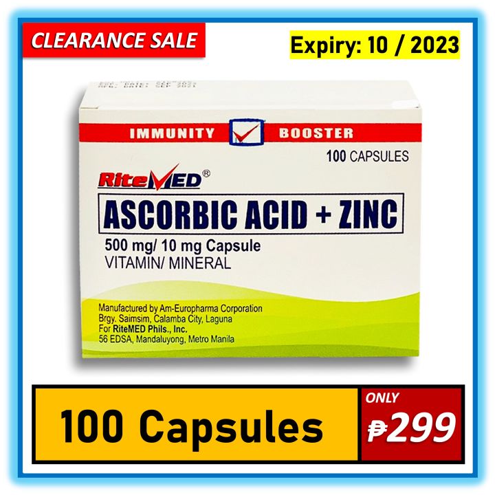 RiteMed Ascorbic acid + Zinc (100 Capsules) 500mg / 10mg - Vitamin ...