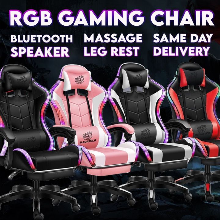 READYSTOCK RGB Gaming Chair PINK Bluetooth Speaker Massage Pillow Leg ...