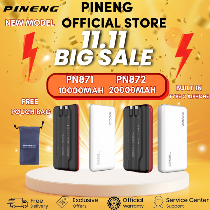 NEW MODEL Pineng POWERBANK PN871 & PN872 Built-In Cable IP & TYPE C ...