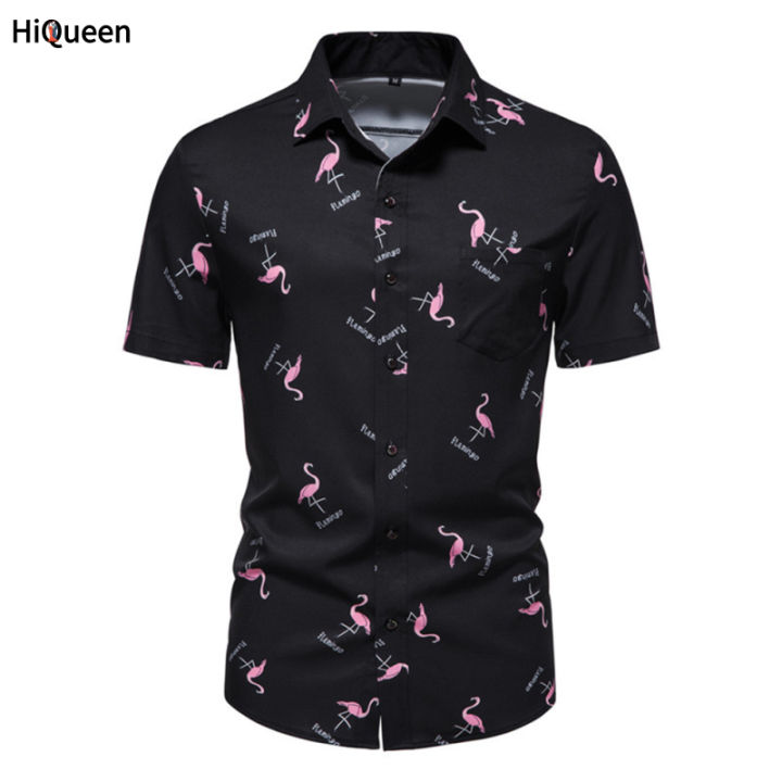 HiQueen เสื้อยืดผู้ชายพิมพ์ลายฟลามิงโก้ลำลองเสื้อเดรสคอปกแขนสั้นผ้ายืด ...
