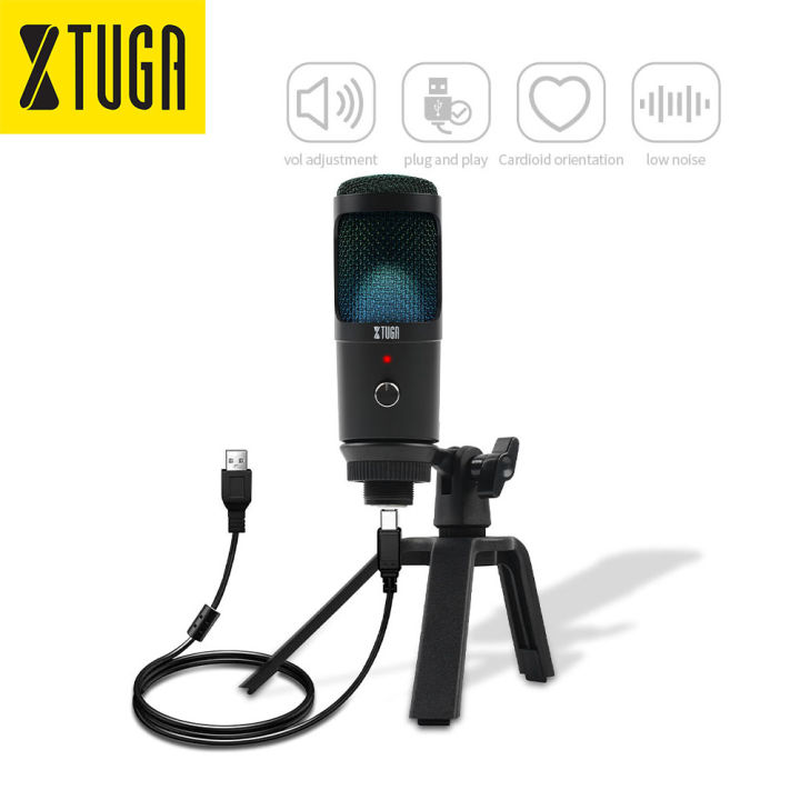 XTUGA RGB Condenser Microphone A10 USB PC Recording Microphone with RGB Indicator, Gain Control ...