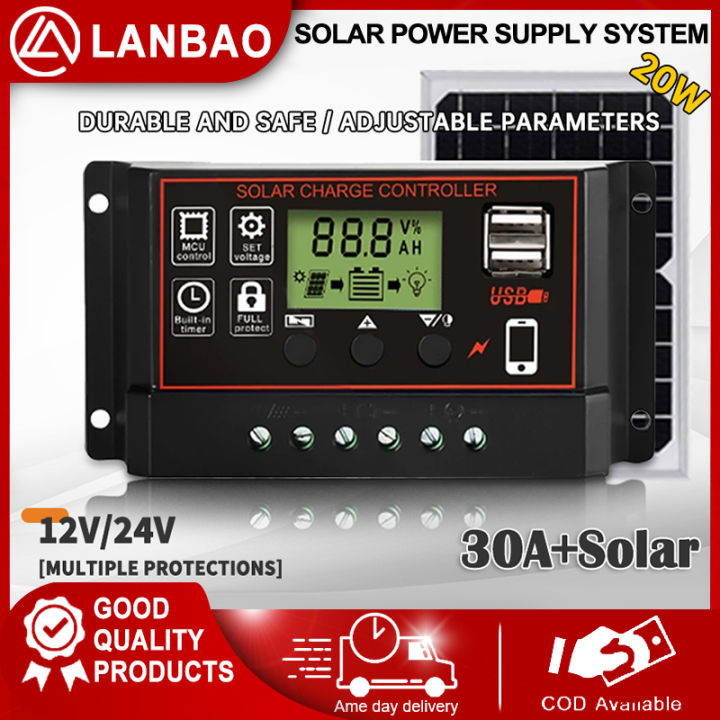 10A-30A PWM Solar Charge Controller 12V/24V Battery Regulator Solar Panel Controller LCD Display ...