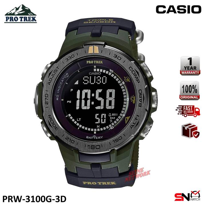 Casio Protrek PRW-3100G Triple Sensor Tough Solar Digital Fabric Canvas Band Men Sports Watch ...
