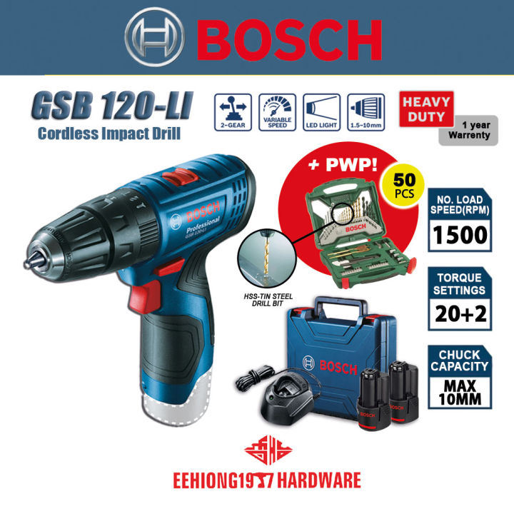 BOSCH GSB120-LI GEN 2 12V Cordless Impact Drill with UPSIZE BOSCH 33pcs ...