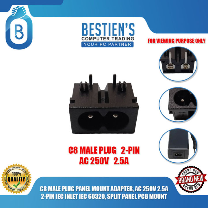 C8 MALE PLUG PANEL MOUNT ADAPTER, AC 250V 2.5A 2-PIN IEC INLET IEC ...