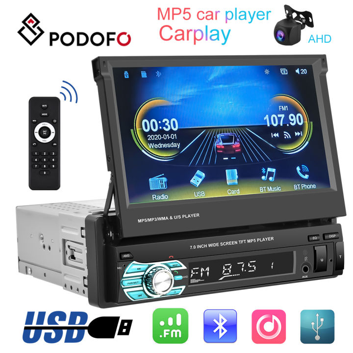 Podofo 1DIN 7 "HD Retractable หน้าจอสัมผัส Monitor D-Play Universal รถ MP5เครื่องเล่นบลูทูธ ...