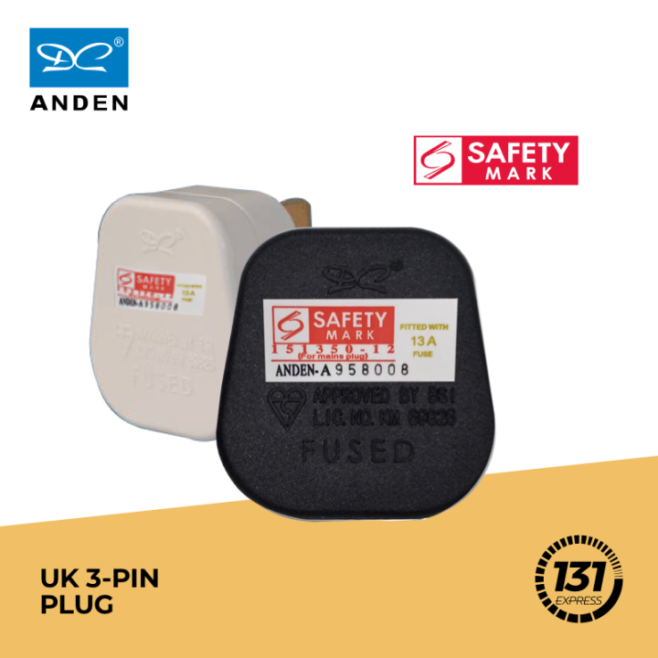 Anden UK 3 Pin Plug 13A Fused Singapore Safety Mark Durable Cord Grip ...