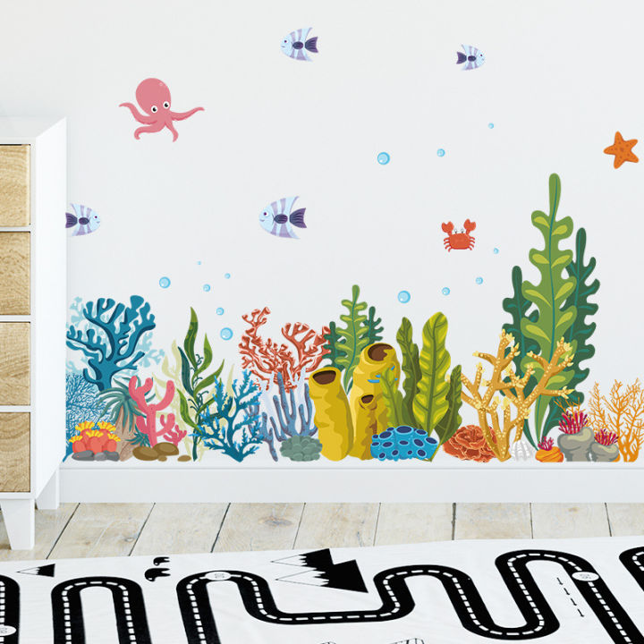 Cartoon Underwater Ocean Coral Reef Plants Wall Stickers for Bathroom ...