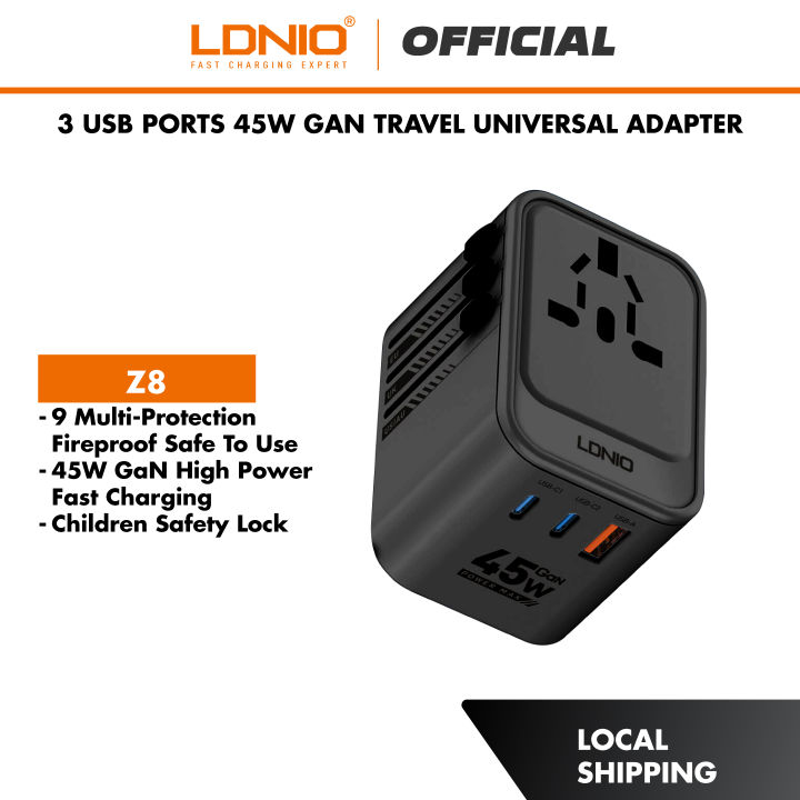 LDNIO 3 USB PORTS 45W GAN TRAVEL UNIVERSAL ADAPTER POWER STRIP ...