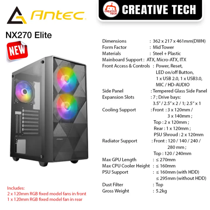 Antec NX270 TG Mid Tower w/ 2x RGB Fans Gaming Case | Lazada PH