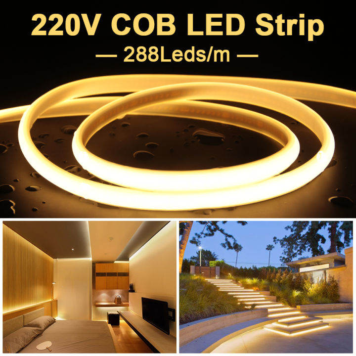 288 LEDs/M COB LED Strip Light 220V Soft Flexible Tape IP65 Waterproof ...