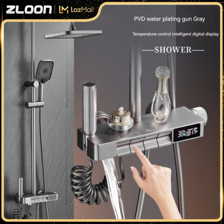 ZLOON Grey Piano Digital Display Shower Set Thermostatic Shower Set Intelligent Brass Bathroom ...