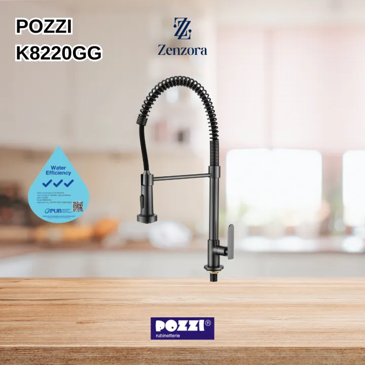 POZZI K8220GG Modern Pull Out Spring Spout Kitchen Sink Tap in Gun Grey ...