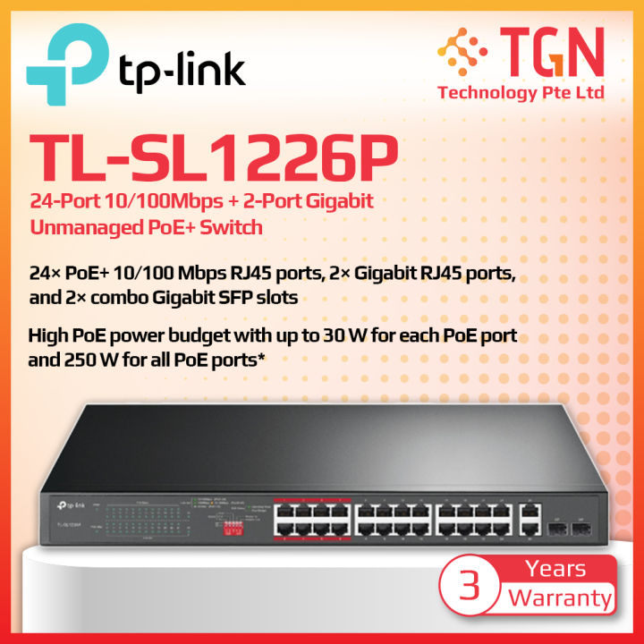 TP-Link TL-SL1226P 24-Port 10/100Mbps + 2-Port Gigabit Unmanaged PoE+ ...