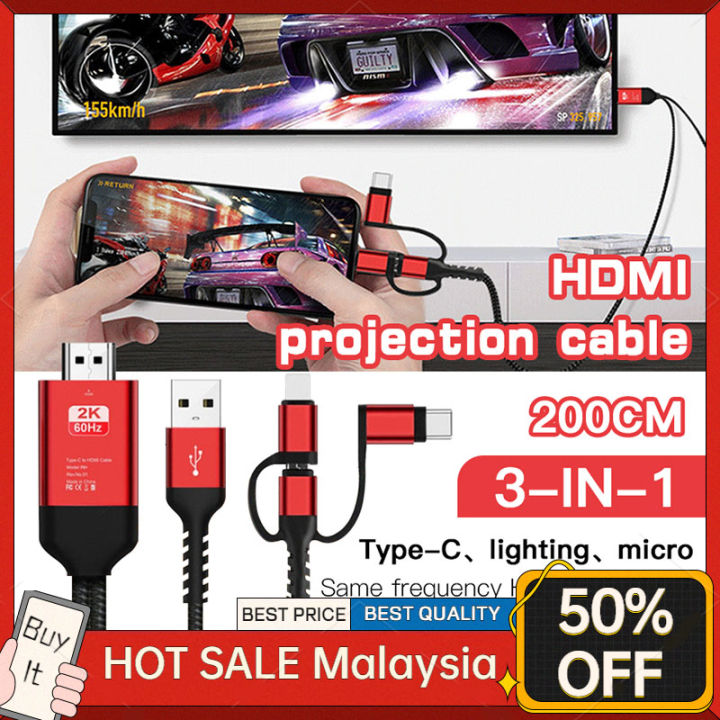 3 IN 1 HDMI Mirascreen Cable Phone to TV 1080P USB to HDMI Cable Type C ...