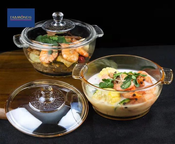 Microwaveable circle Tempered Bakeware Glass transparent w/cover 1L ...