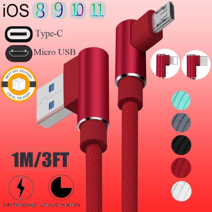 3M/2M 90 Degree Fast Charger USB Cord 3.0A Android Micro USB /Type -C ...