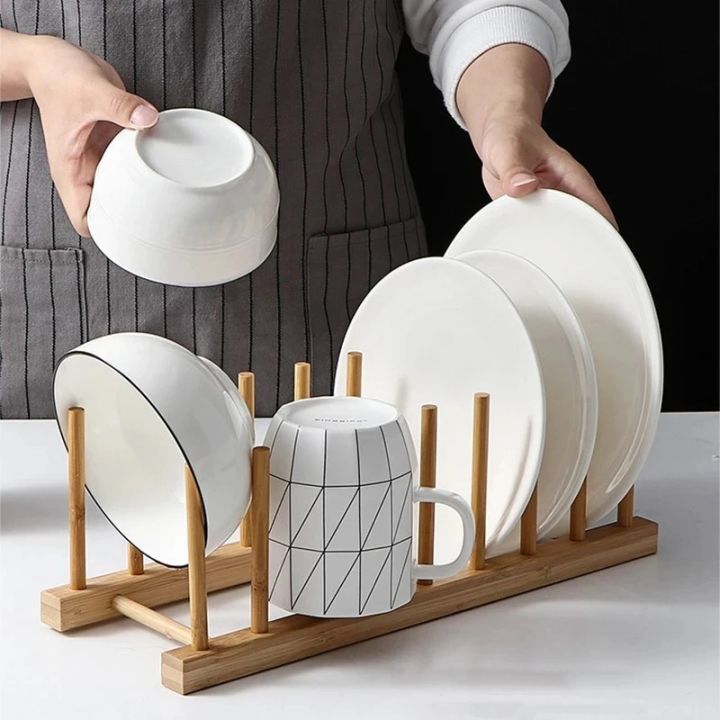 Multifunctional Plate Storage Rack Household Kitchen Bamboo Wood ...