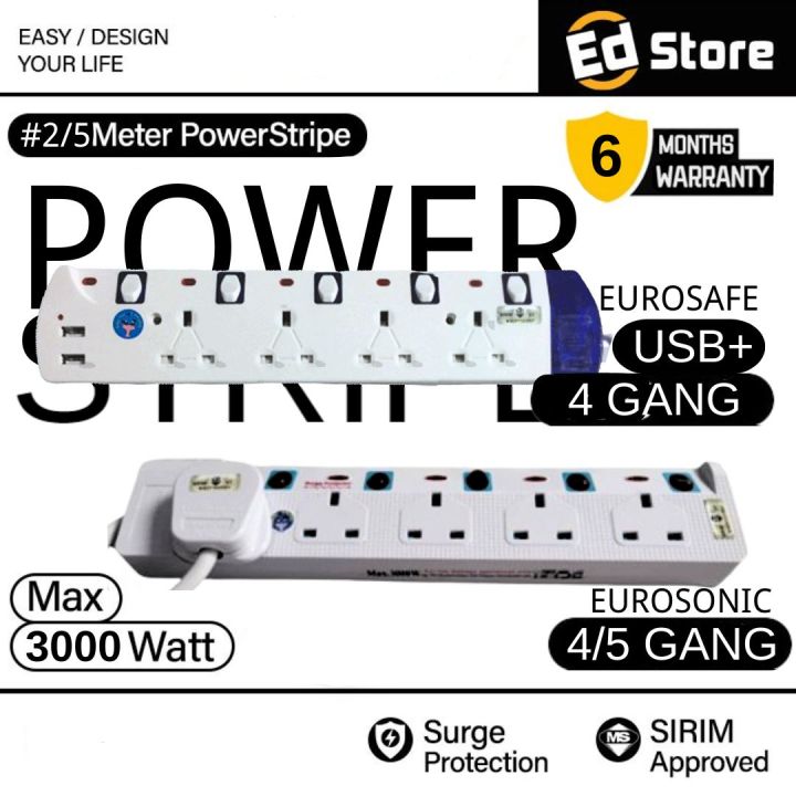 Ready Stock Eurosonic Extension Socket Power Strip 4 Gang 5 Gang