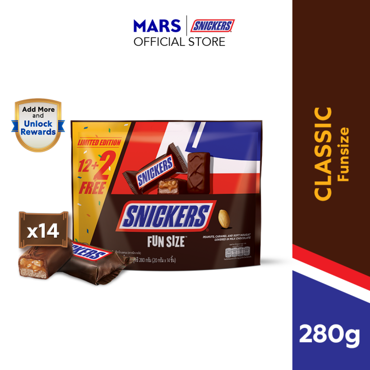 Snickers Peanut Bar Fun Size 280g Bonus Pack (12+2) Chocolate ...