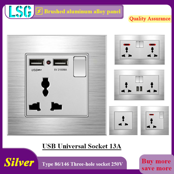 LSG Electrical Outlet 13amp Universal Wall Socket With Switch Silver Brushed aluminum alloy ...