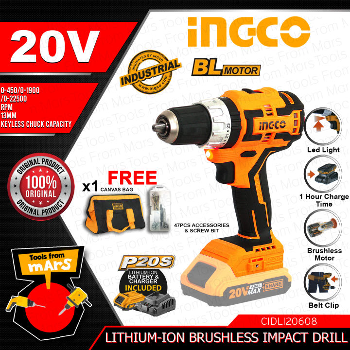 INGCO CIDLI20608 Industrial Lithium-Ion Cordless Impact Drill 20V with ...