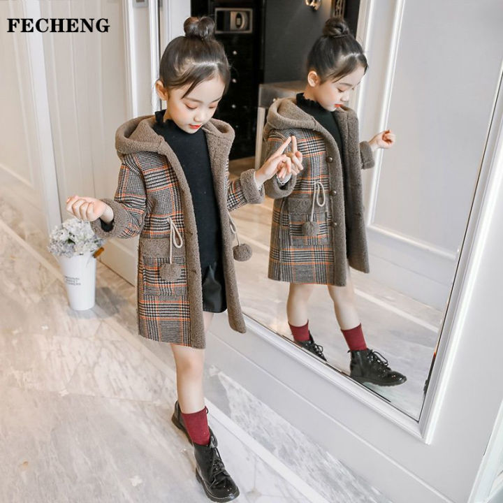 Children Woolen Coats For Girls Fashion Winter Plush Thickened Hooded ...
