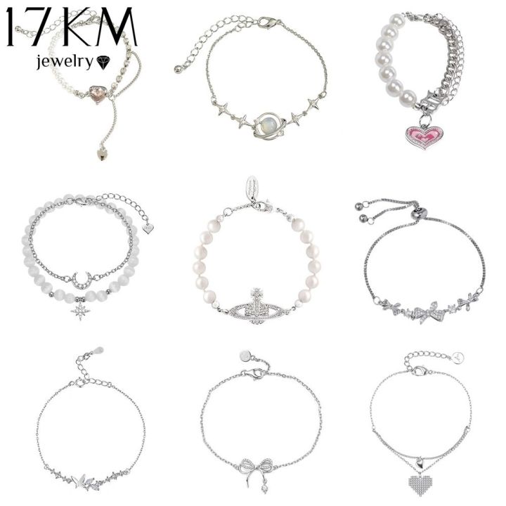 17KM Silver Bracelet for Women/Men Drop Oil Butterfly Pearl Crystal ...