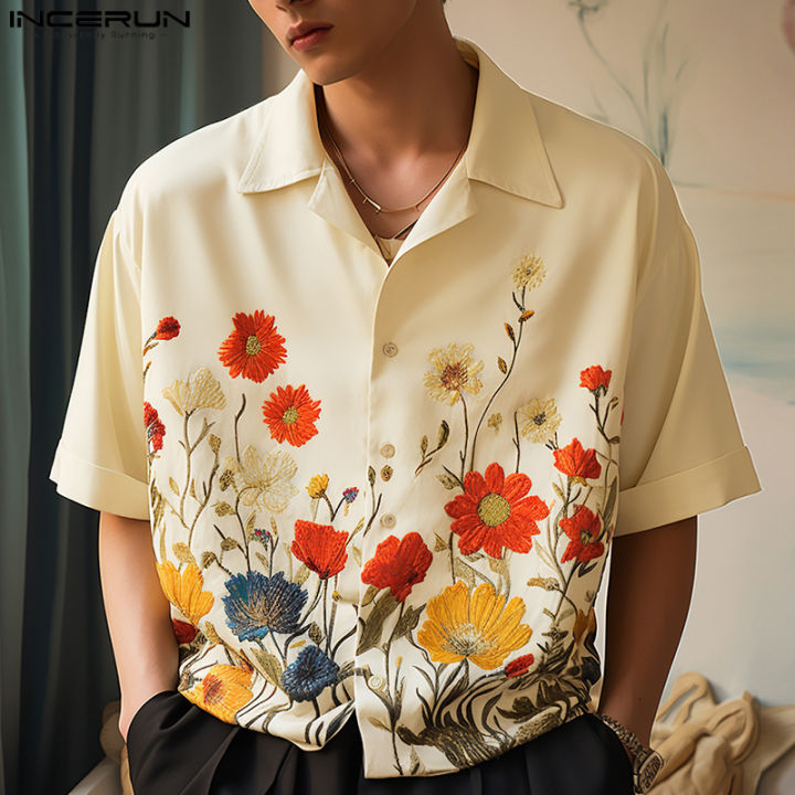 INCERUN Mens Casual Lapel Button Up Shirts Vintage Floral Print Short ...