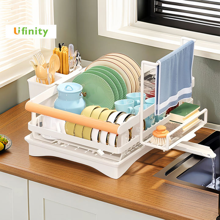 Lifinity Wooden Handle Dish Drying Rack Rag Holder Storage Shelves Dish ...