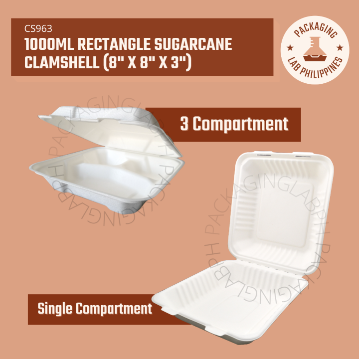 [10pcs] 1000ml Clamshell Sugarcane Bagasse box with Single Compartment / 3 Compartment Bento Box ...