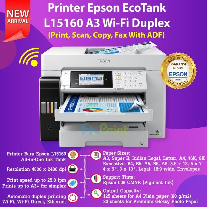 Mesin Printer Epson EcoTank L15160 A3 WiFi Duplex (Print, Scan, Copy ...