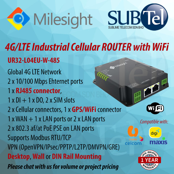 Milesight UR32-L04EU-W-485 4G LTE Industrial Cellular Router Pro Series ...