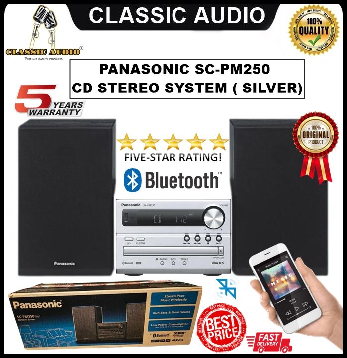 PANASONIC SC-PM250 CD STEREO SYSTEM ( SILVER) WITH BLUETOOTH + USB PLAYBACK + CD & FM Super ...