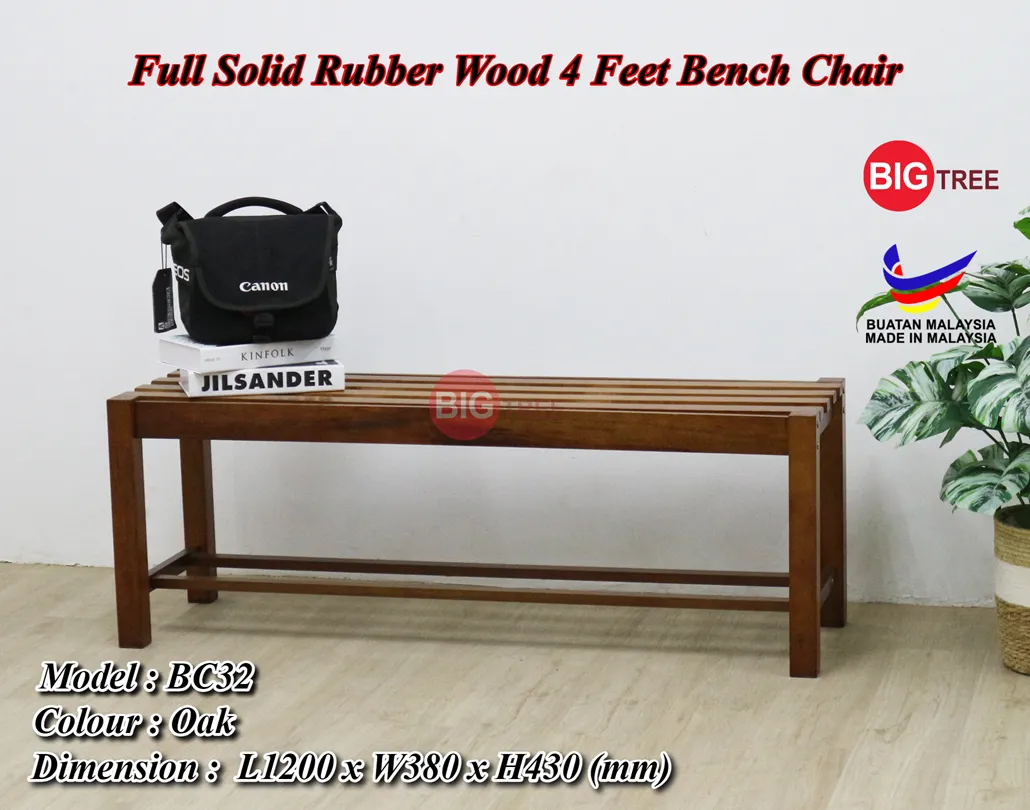 Big Tree Full Solid Wooden Bench Chair / 4ft Bench Chair / Kerusi Panjang Kayu / Rubber Wood ...