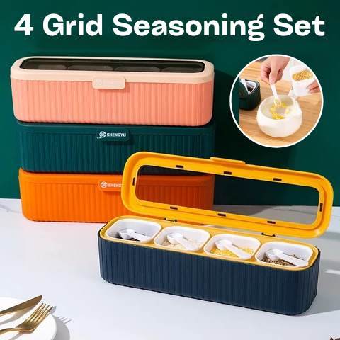 Multi-functional Seasoning Box Kitchen 4 Grid with Spoon Condiment ...