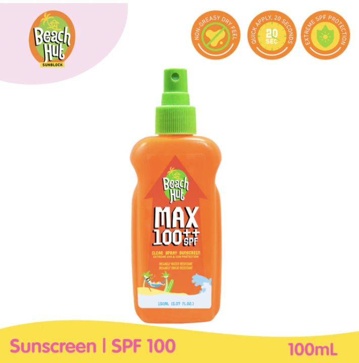 Beach Hut Sunblock MAX SPF 100 ++ Clear Spray Body Sunscreen 150mL ...