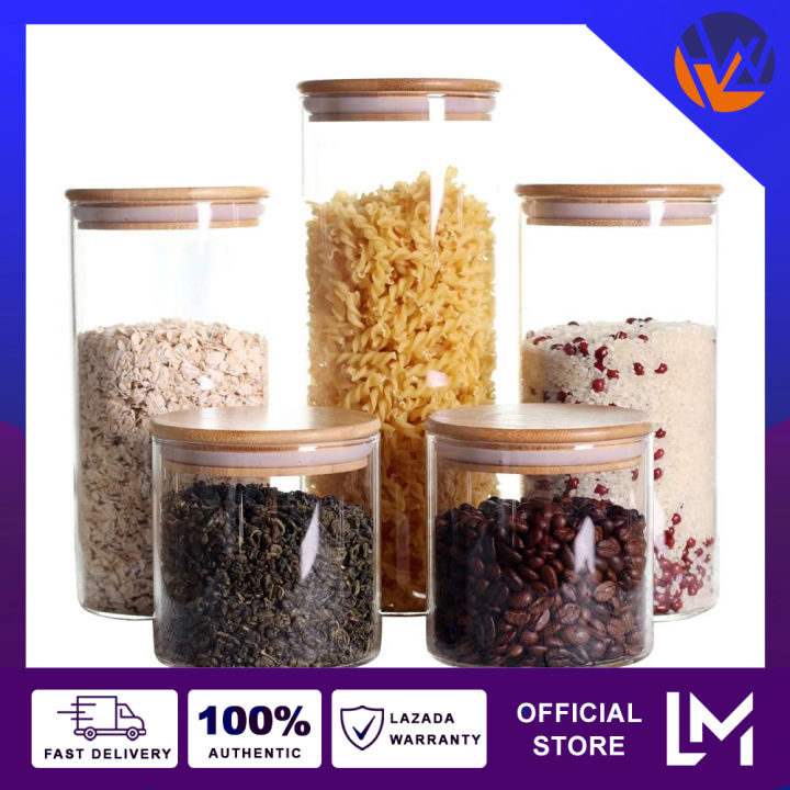 HLW Stackable Airtight Glass Kitchen Bamboo Food Pantry Container Jar ...